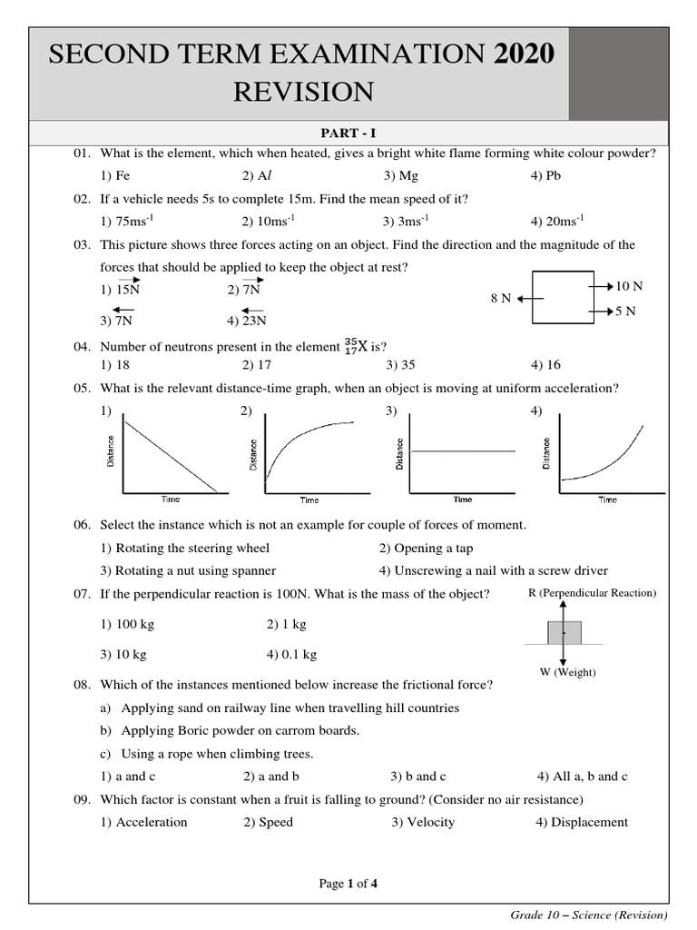 G10 - Second Term Examination (2020) (Revision) | PDF | Force | Chemical Compounds