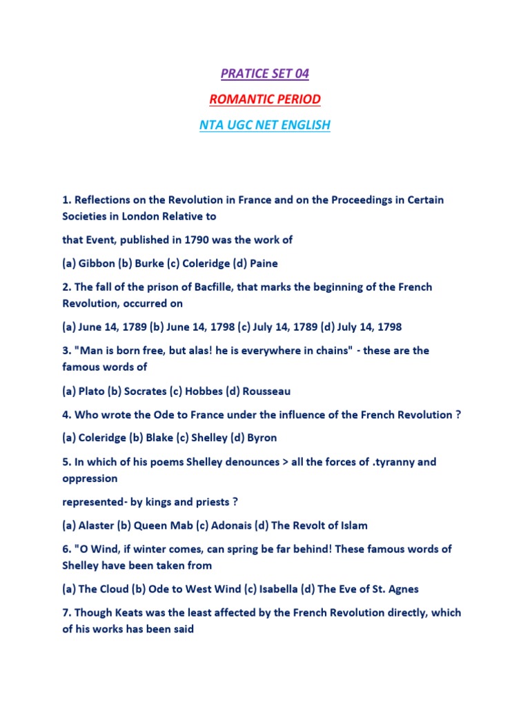 Nta Ugc Net English: Romantic Period | PDF | John Keats | Samuel Taylor ...