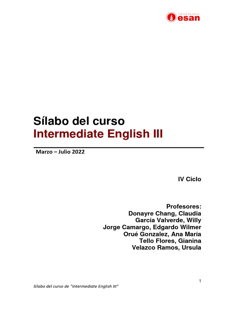 Intermediate English III Syllabus 2022-1 | PDF | Prueba (evaluación) | Evaluación