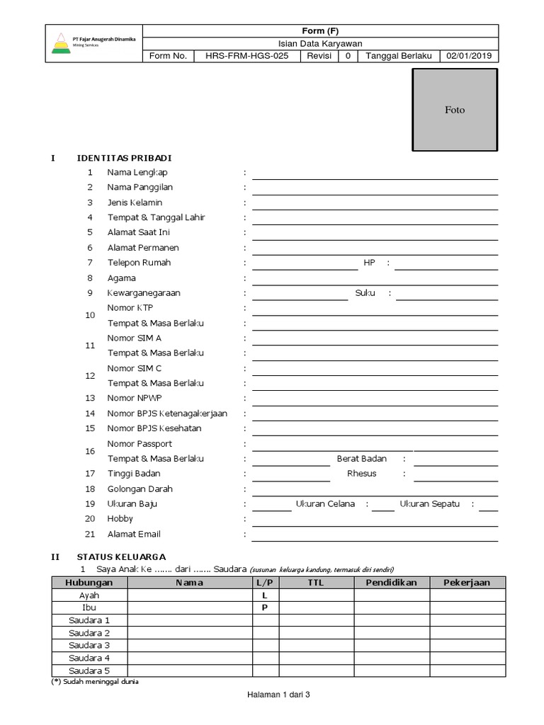 Form Isian Calon Karyawan - PT Fajar Anugerah Dinamika | PDF