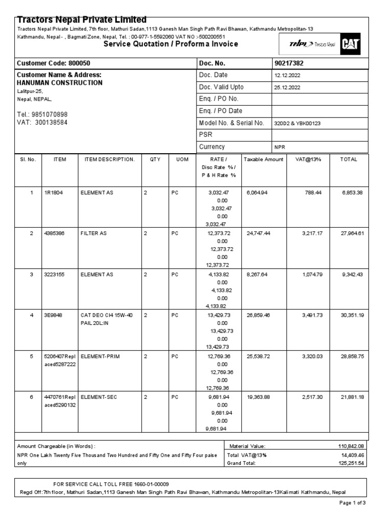Tractors Nepal Service Quote | PDF | Payments | Invoice