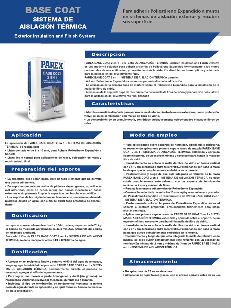 Ficha Técnica de PAREX Base Coat 2 en 1 | PDF | Revestimiento | Agua