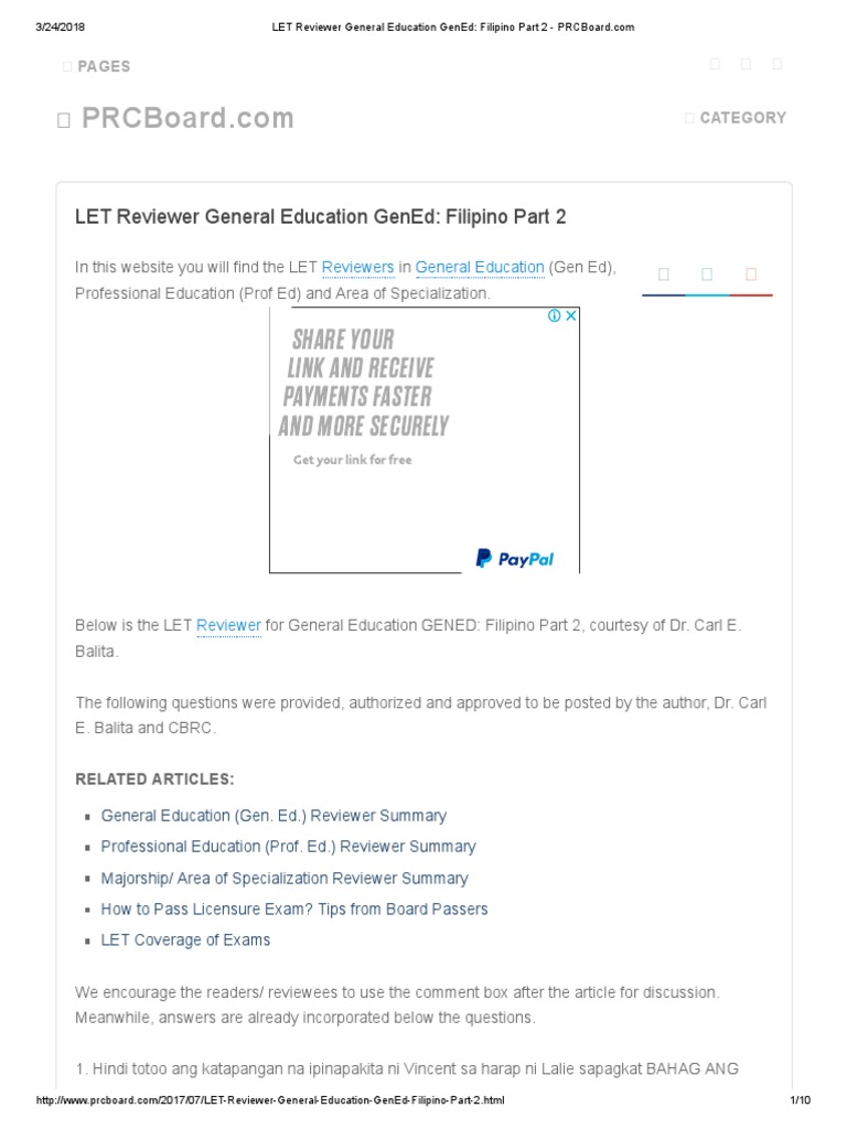 LET Reviewer General Education GenEd - Filipino Part 2 | PDF