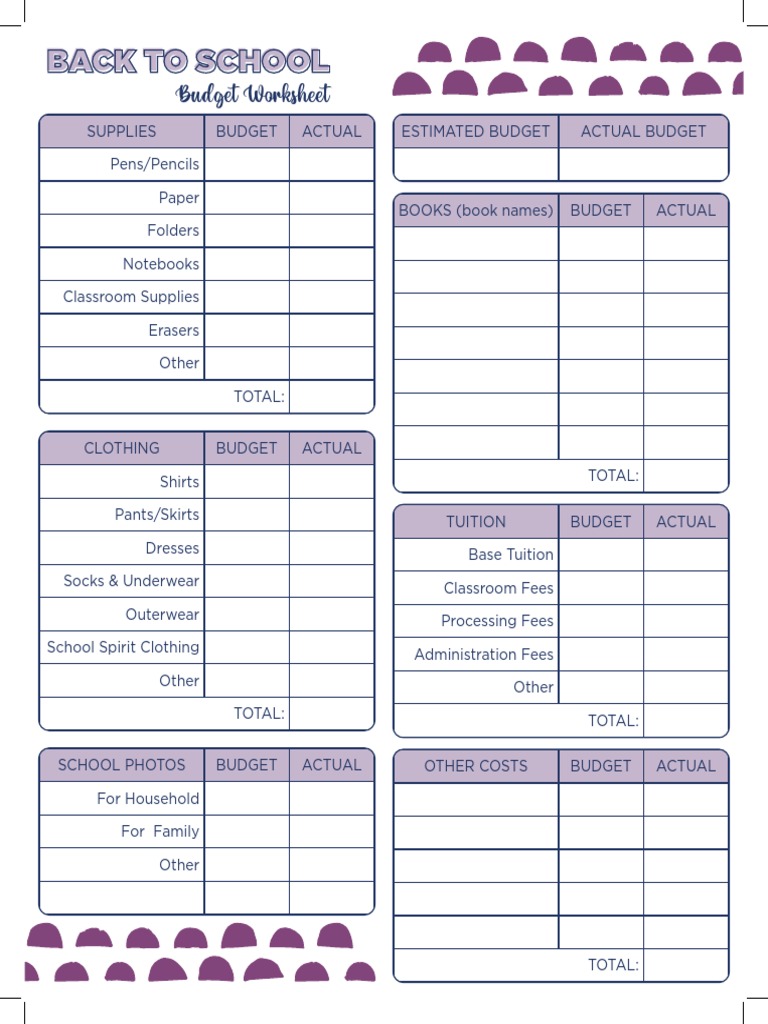Back To School Budget Worksheet | PDF