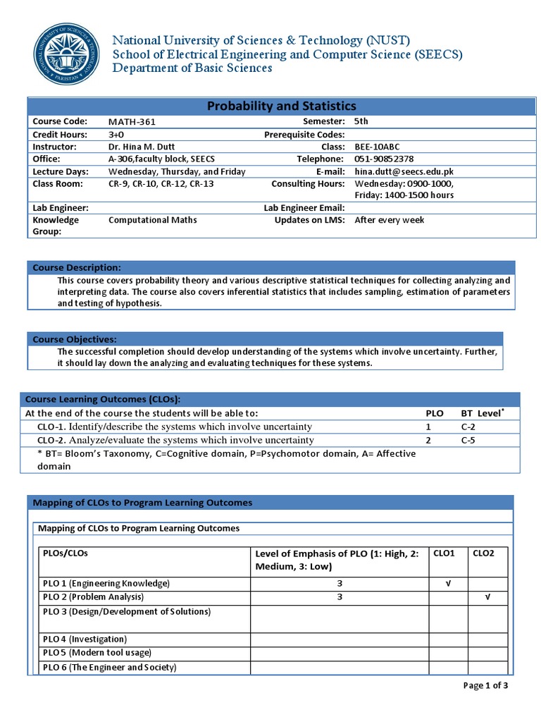 Course Outline MATH 361 Probability and Statistics | PDF | Statistics ...