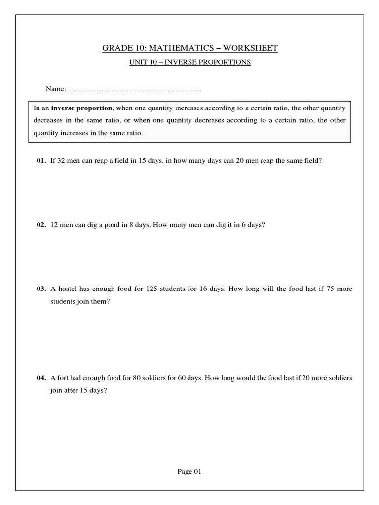 Unit 10 - Inverse Proportions (Mathematics Worksheet) | PDF