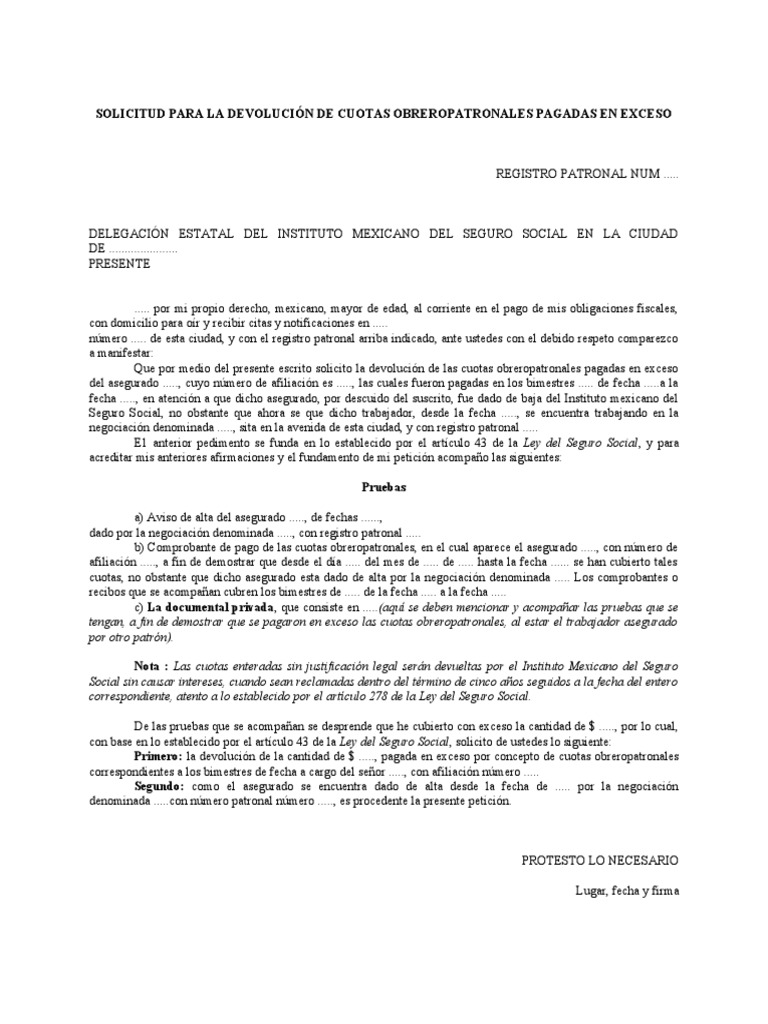 Solicitud para La Devoluci N de Cuotas Obreropatronales Pagadas en Exceso | PDF