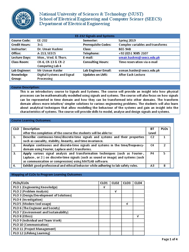 EE-232 Signals and Systems Ver1.2 - Sp20 | PDF | Fourier Transform | Electrical Engineering