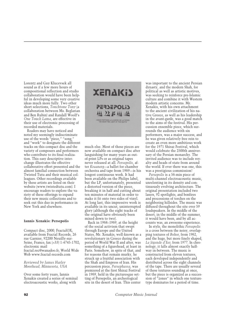 James Harley - Iannis Xenakis - Persepolis (Review) | PDF | Sound ...