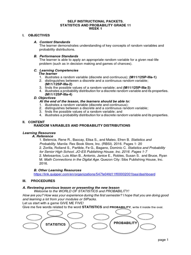 Q3 Statistics and Probability Week 1 | Download Free PDF | Probability Distribution | Random ...