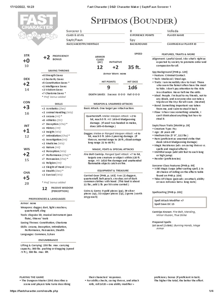 Fast Character _ D&D Character Maker _ Saytr_Faun Sorcerer 1 | PDF ...