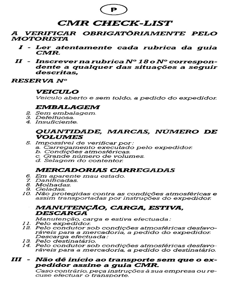 CMR Driver Checklist PT | PDF