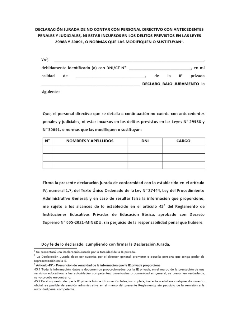 Declaración Jurada - Personal Directivo | PDF | Declaración jurada | Justicia