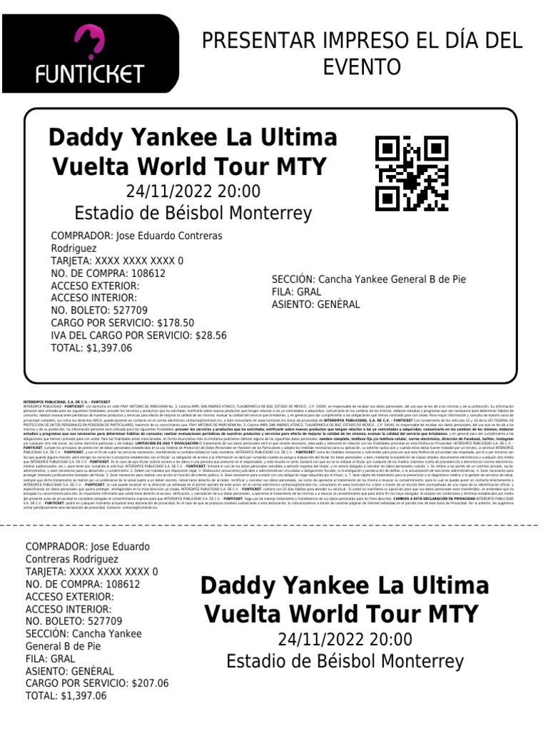 Daddy Yankee La Ultima Vuelta World Tour MTY: Presentar Impreso El Día ...
