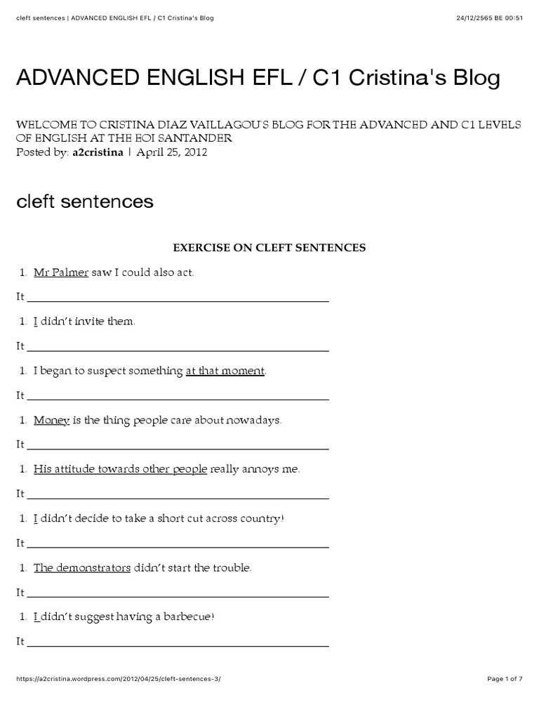 Cleft Sentences - ADVANCED ENGLISH EFL: C1 Cristina's Blog | PDF ...