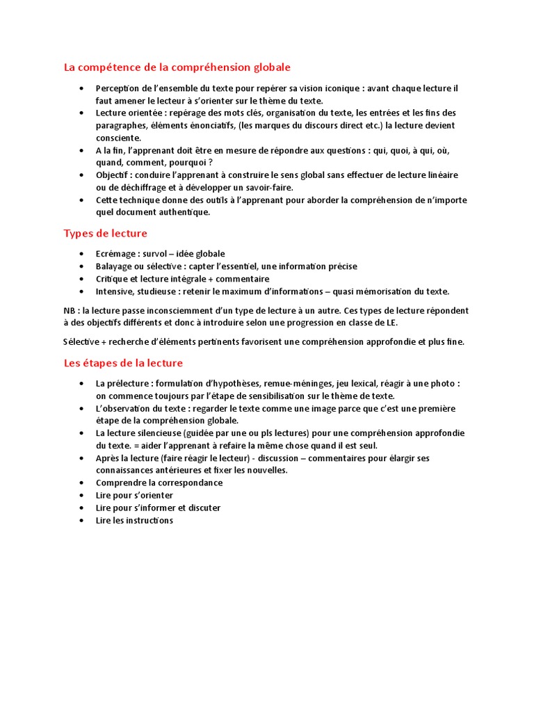 Techniques de compréhension globale en lecture | PDF