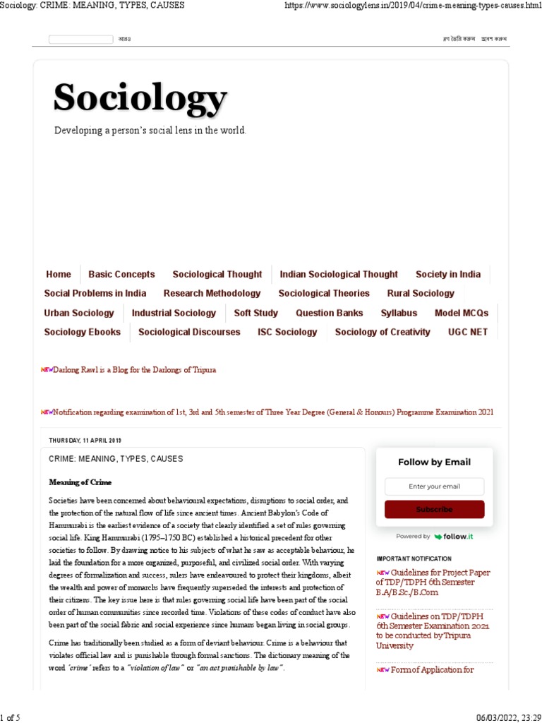 Sociology CRIME MEANING, TYPES, CAUSES | PDF | Crimes | Crime & Violence