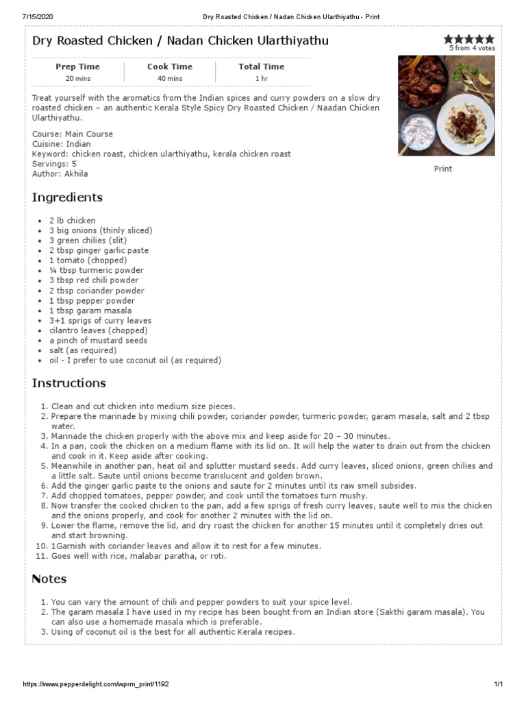 Dry Roasted Chicken - Nadan Chicken Ularthiyathu - Print | PDF | Curry ...
