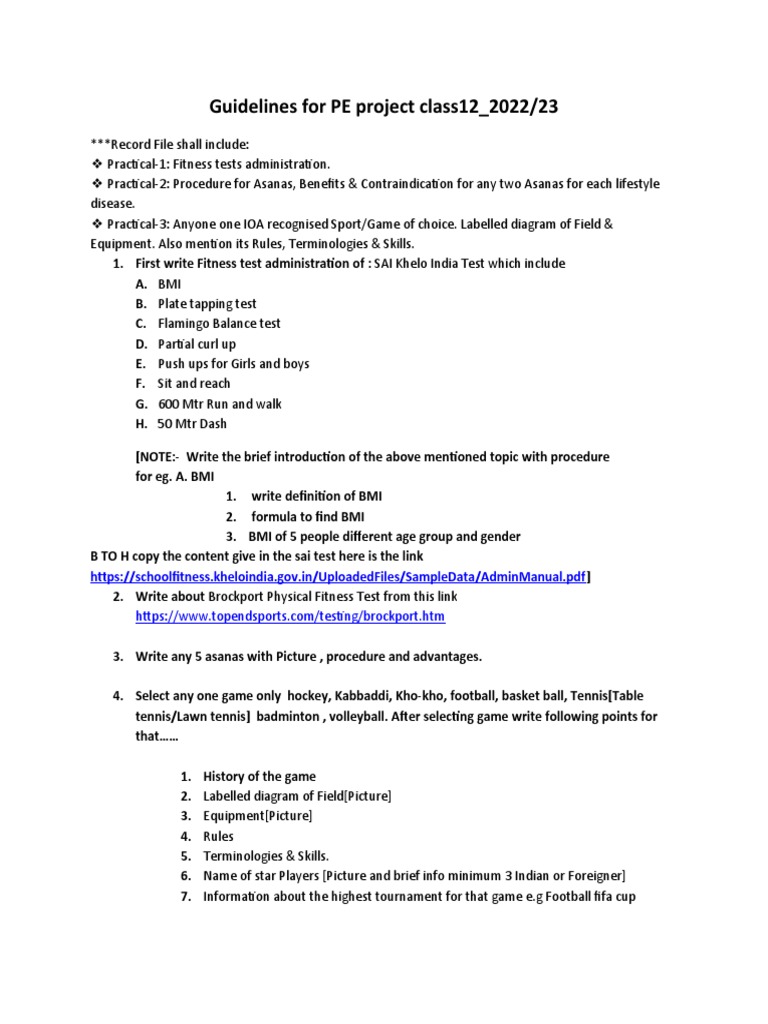 Guidelines For PE Project Class12 | PDF | Sports & Recreation
