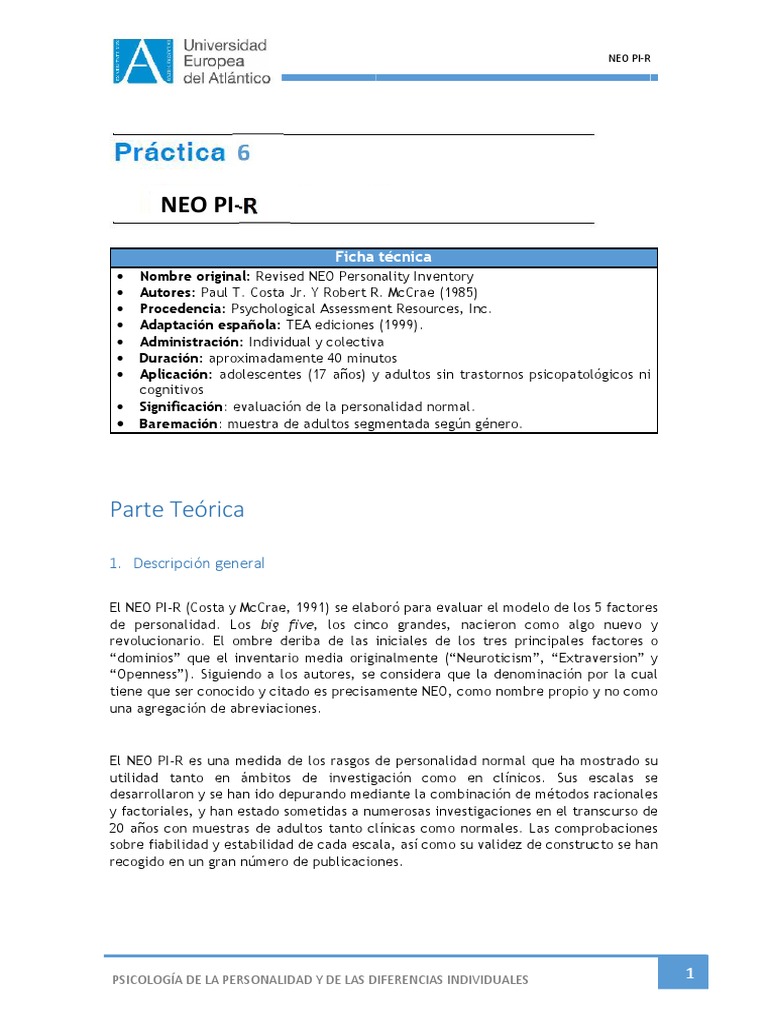 Pract Lab 6. Neo Pi-R | PDF | Validez (Estadísticas) | Ciencias del comportamiento