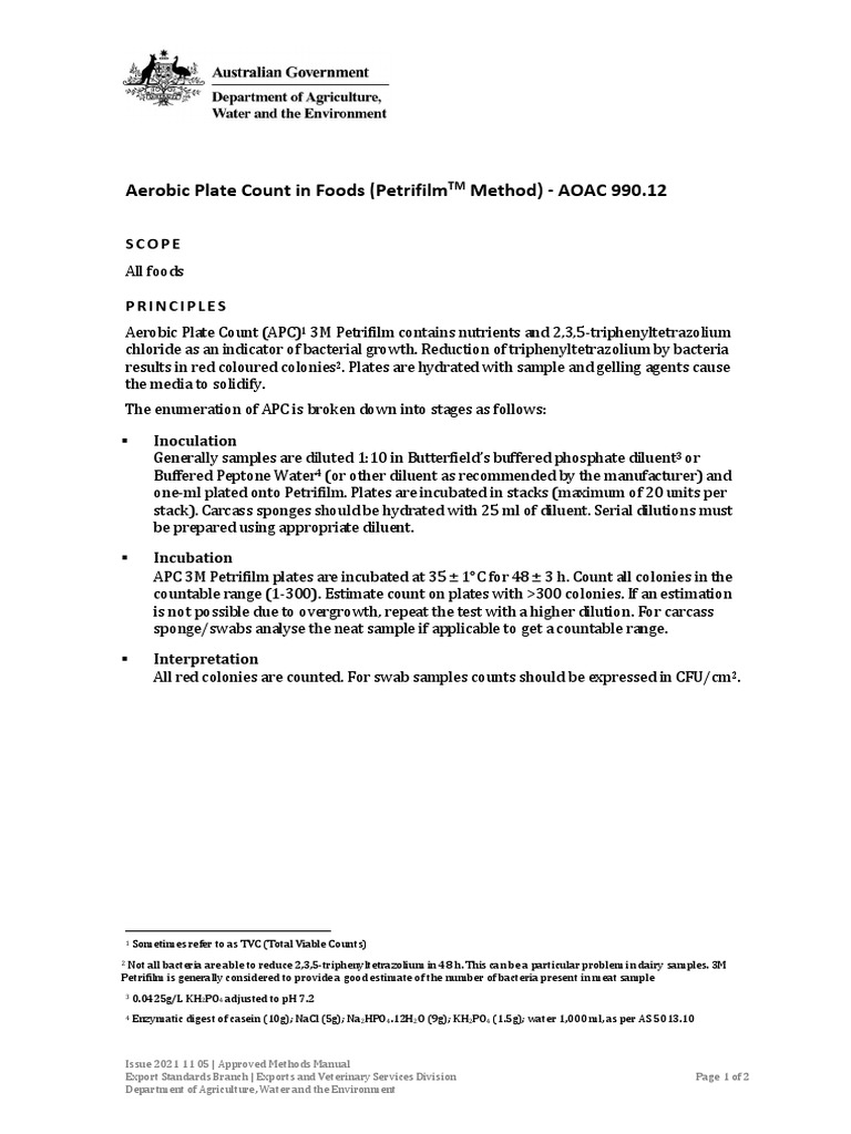 Aerobic Plate Count Method (AOAC 990.12) | PDF | Chemistry | Laboratory ...