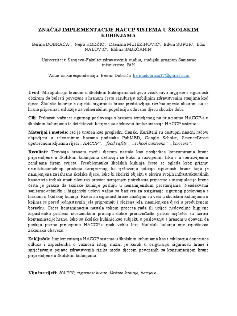 BERINA DOBRAČA - ZNAČAJ IMPLEMENTACIJE HACCP SISTEMA U ŠKOLSKIM KUHINJAMA - SanMo 2022 | PDF