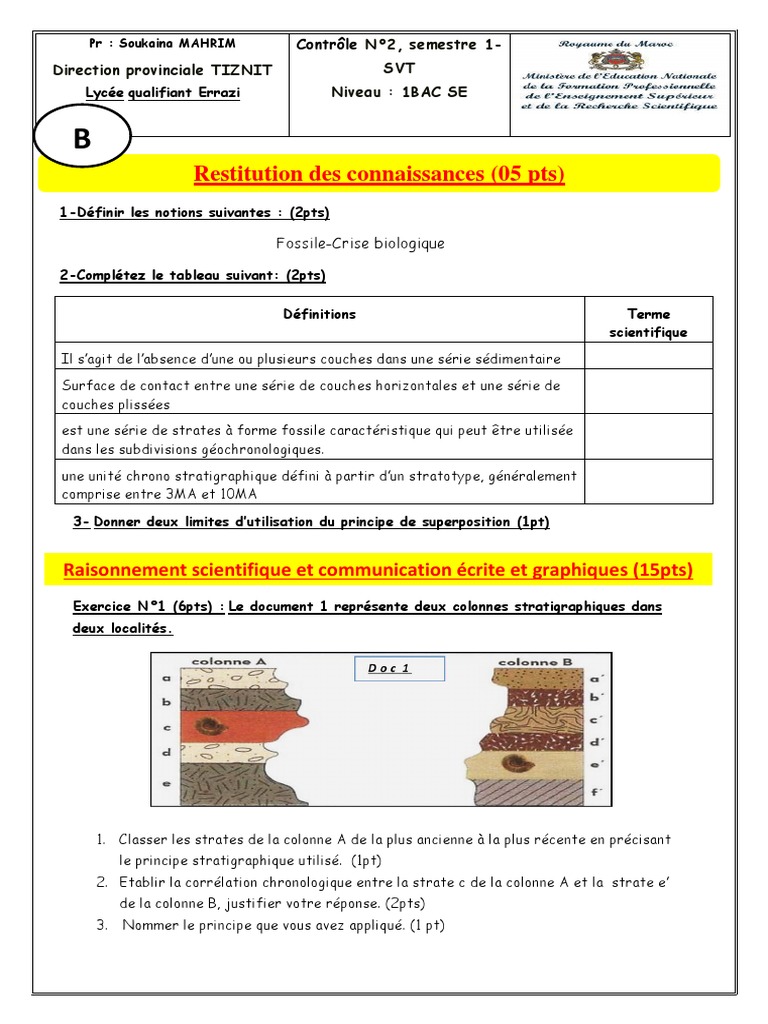 Exercices de Stratigraphie pour 1BAC | PDF | Géologie | Stratigraphie