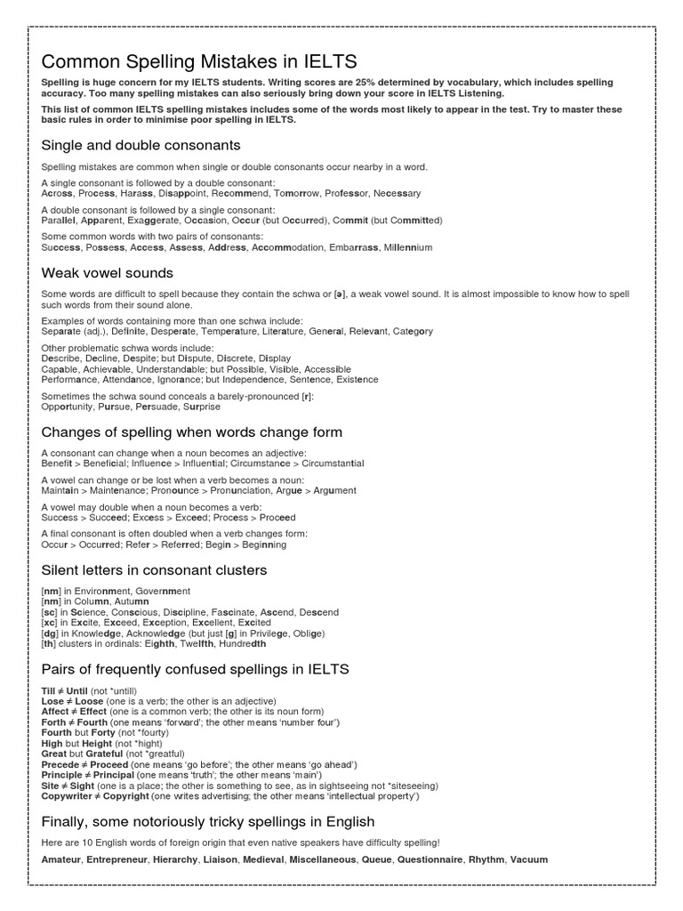 Common Spelling Mistakes in IELTS | PDF | English Language | Consonant