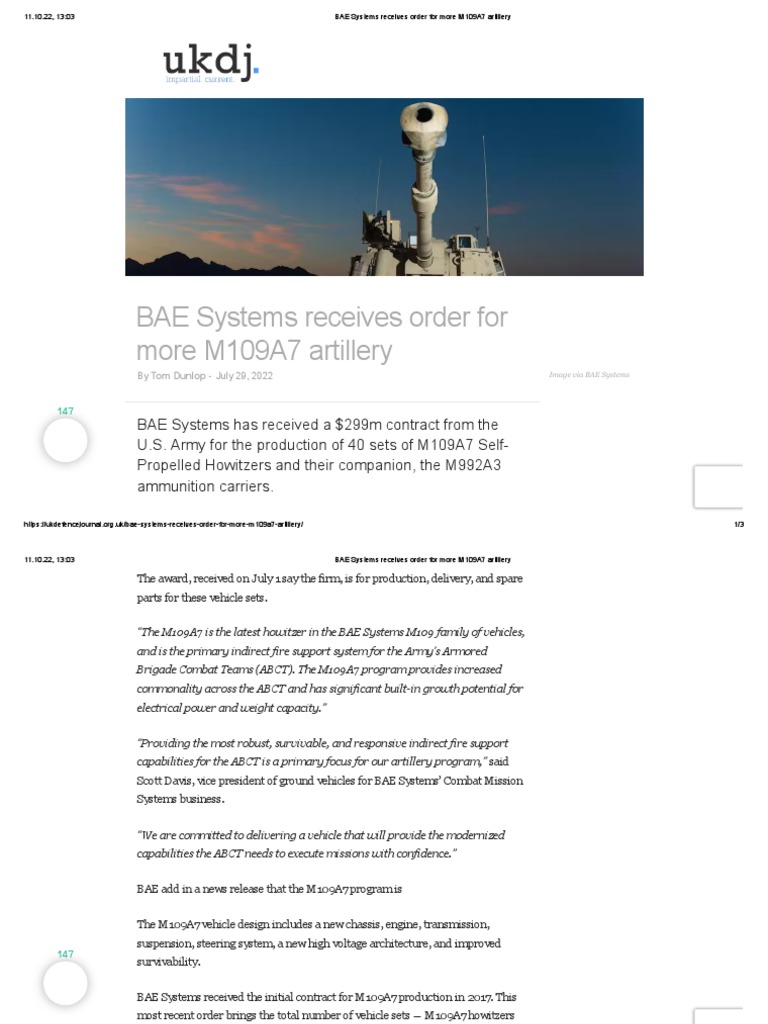 BAE Systems Receives Order For More M109A7 Artillery | PDF | Tracked ...