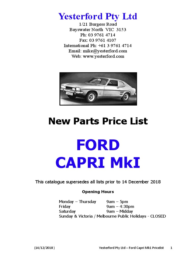 Ford Capri Mk1 Parts Pricelist 2018 | PDF | Distributor | Manual ...