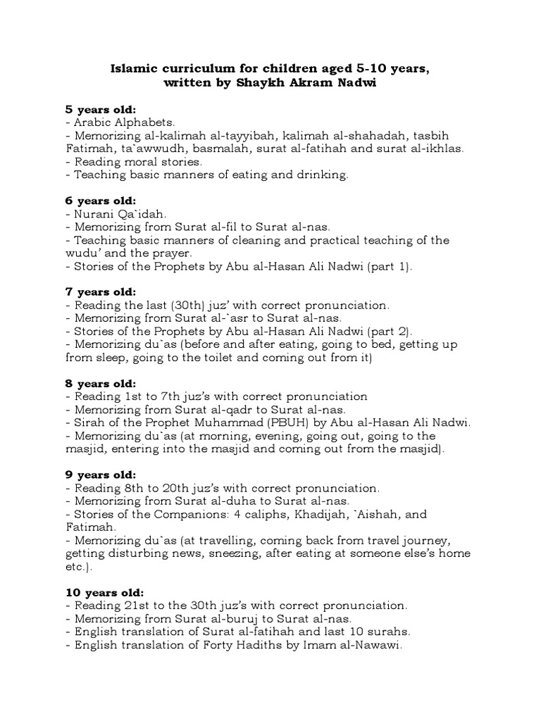 A Progressive Islamic Curriculum for Children Aged 5-10 Years Focusing ...