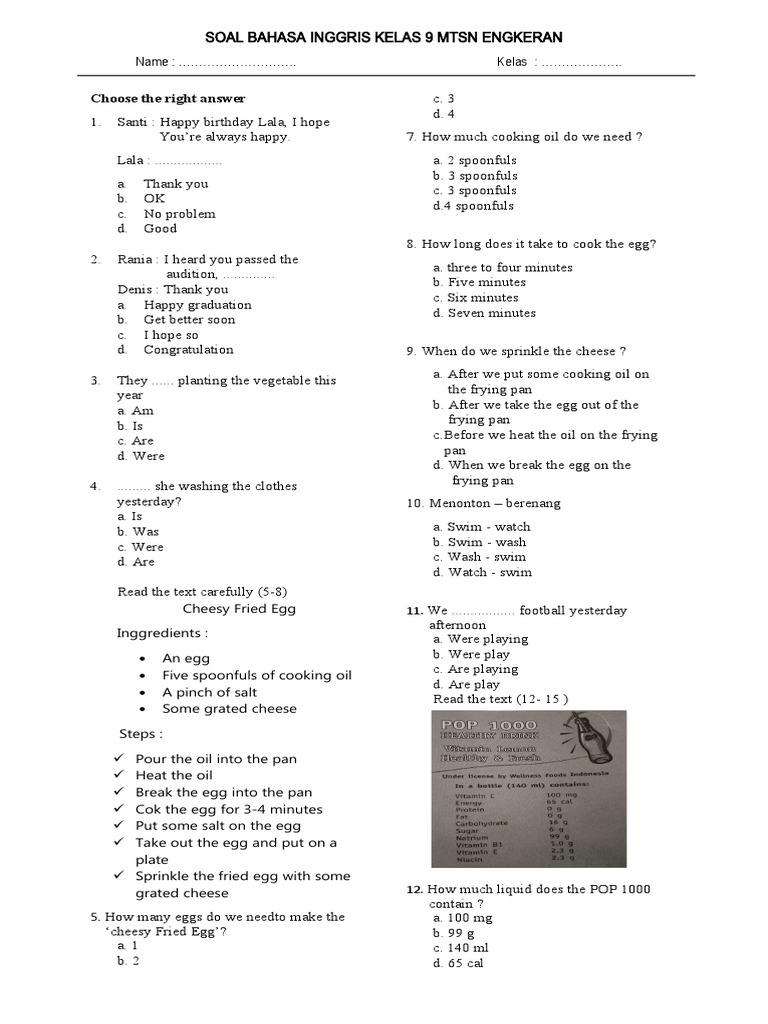 Soal Bahasa Inggris Kls 9 MTSN 2022 | PDF | Food Ingredients | Food And Drink