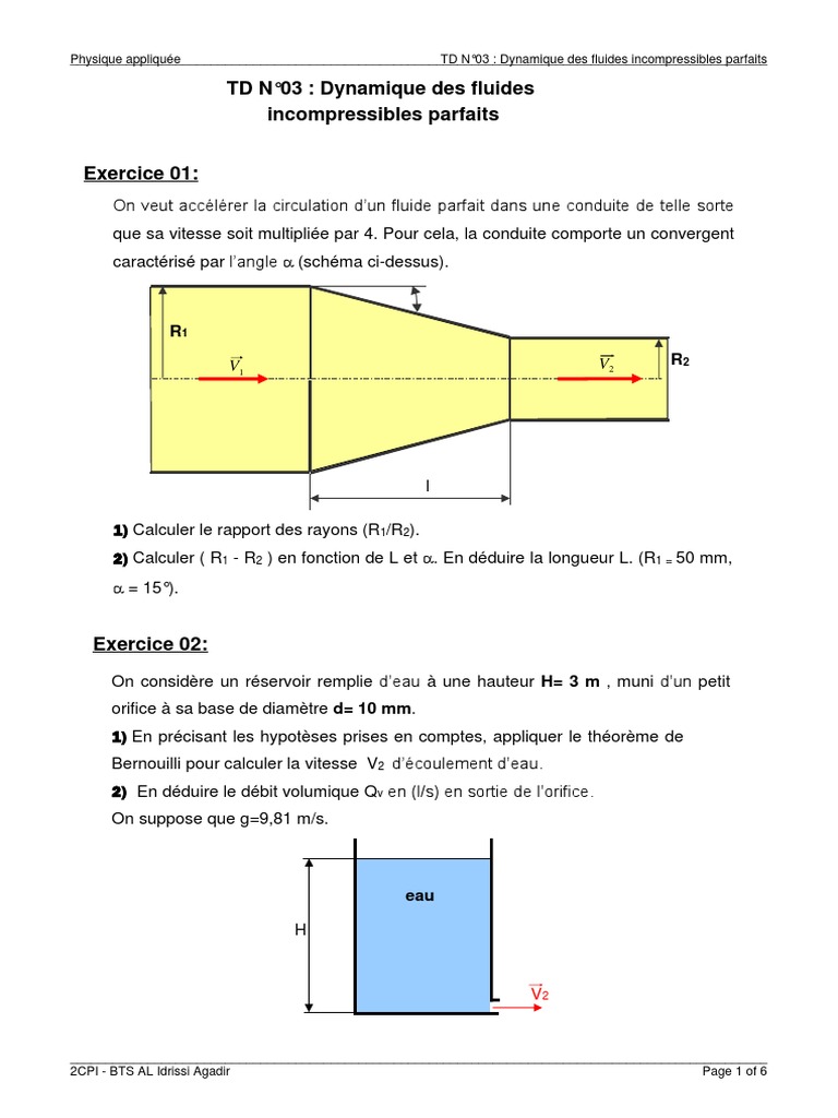 TD N°03 Dynamique Des Fluids Parfaits | PDF | Pression | Dynamique des fluides