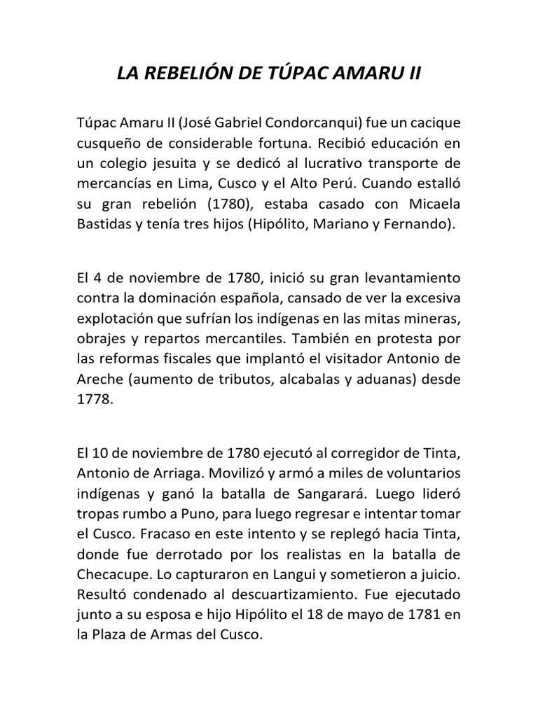 La Rebelión de Túpac Amaru Ii | PDF