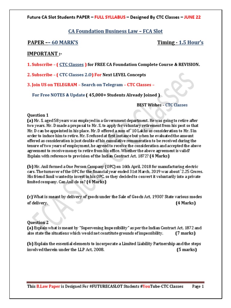 Paper - Timing - Important:-: CA Foundation Business Law - FCA Slot ...