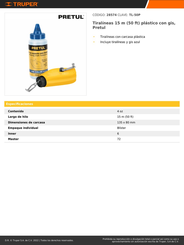Tiralíneas 15 M (50 FT) Plástico Con Gis, Pretul 28574 | PDF