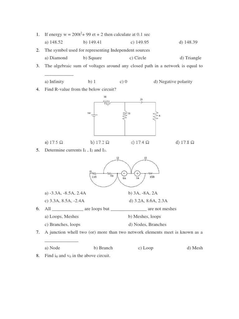 Electrical Engineering Quiz Questions | PDF | Electrical Network ...