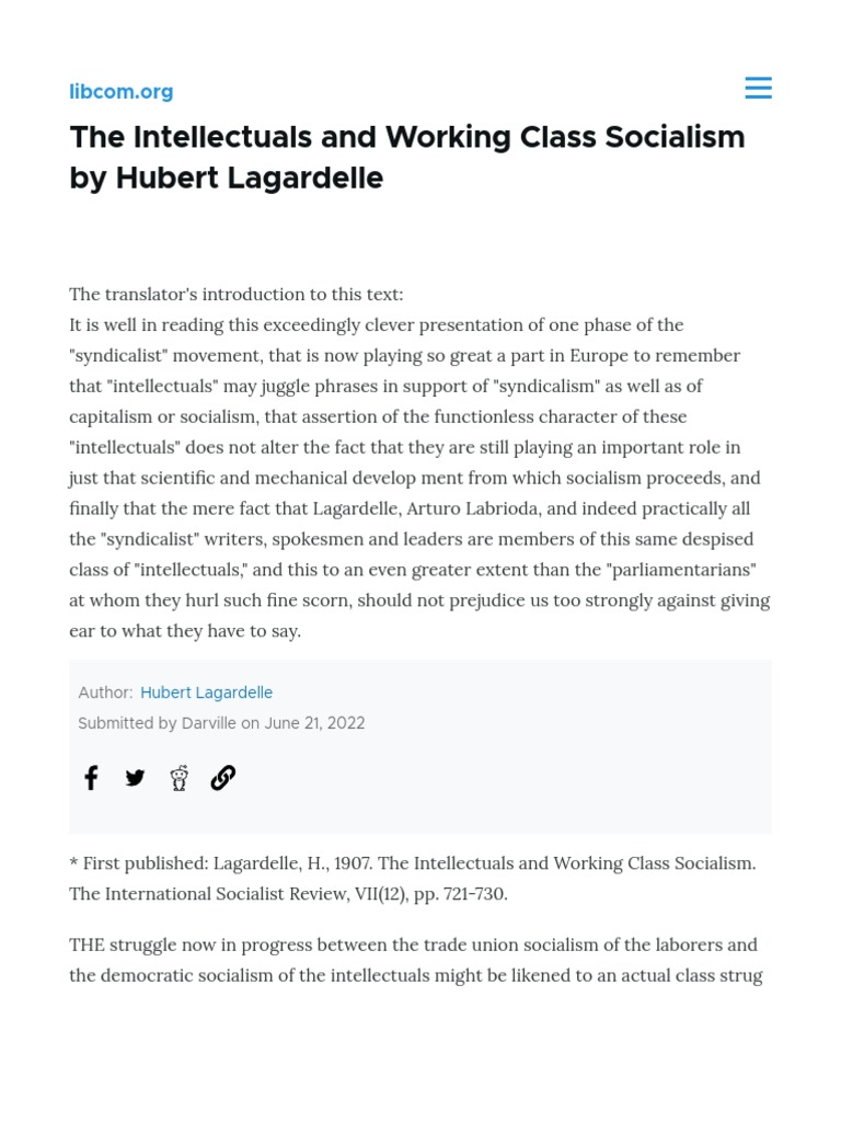 The Intellectuals and Working Class Socialism by Hubert Lagardelle ...