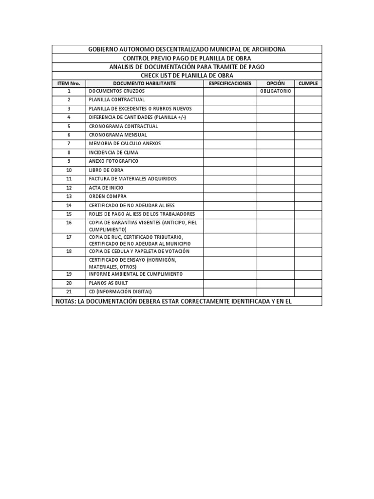 CHECK LIST DE PLANILLA DE OBRA | PDF