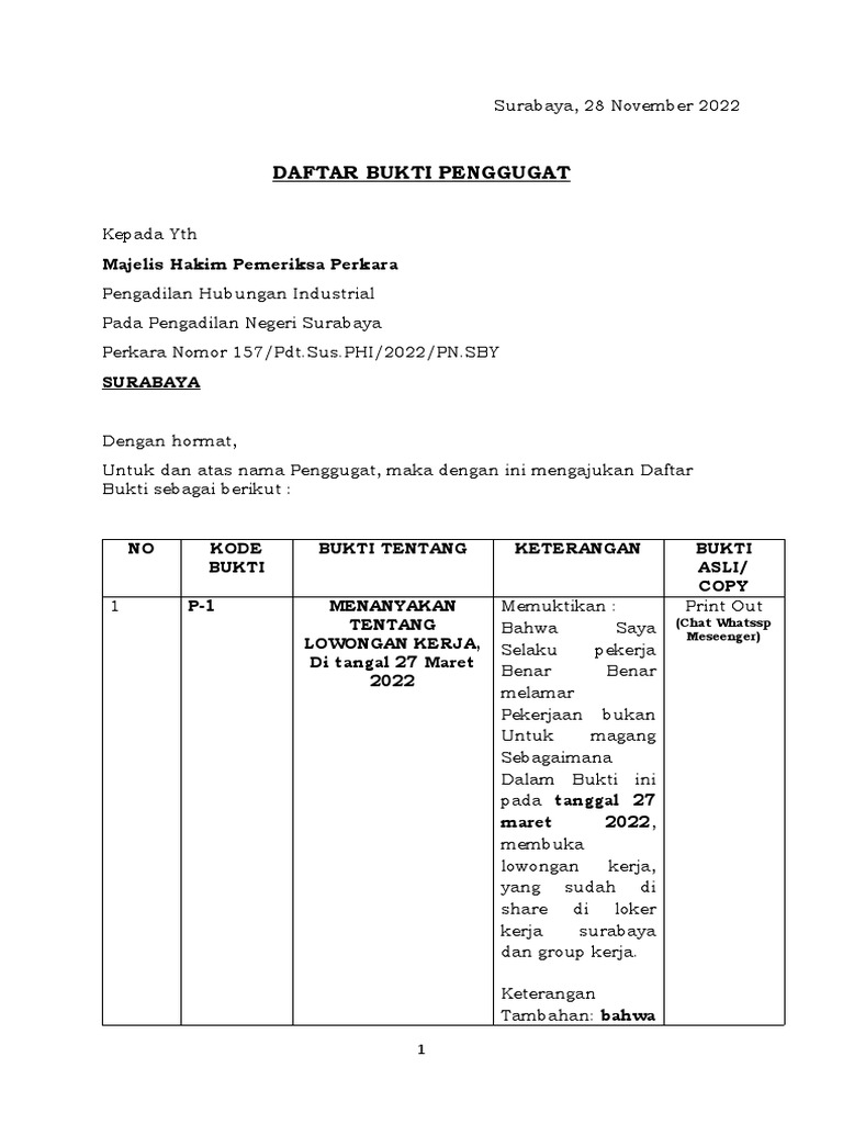 Daftar Bukti Penggugat | PDF