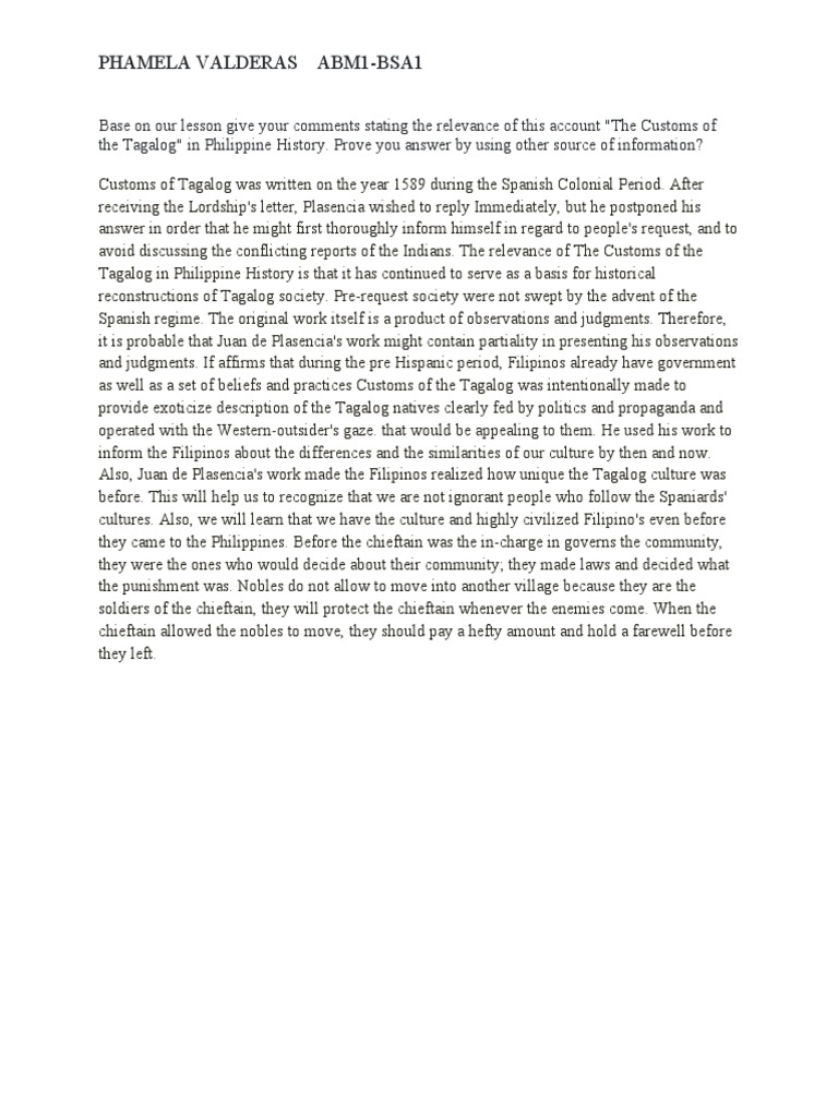 Customs of Tagalog Was Written On The Year 1589 During The Spanish ...
