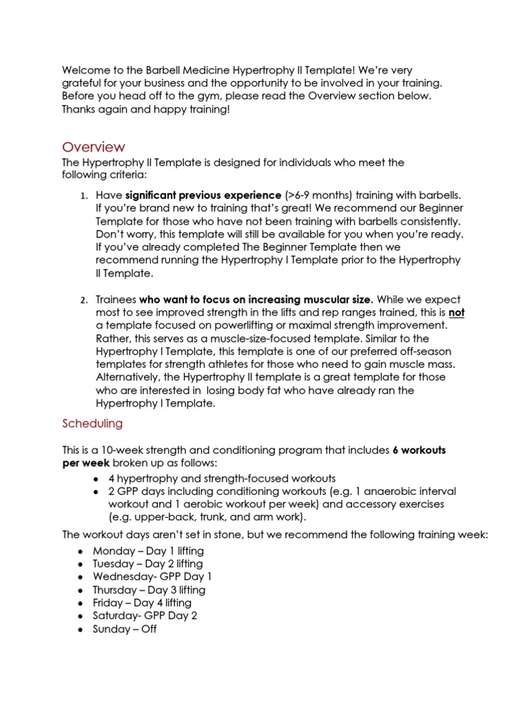 Barbell Medicine Hypertrophy II Template | PDF