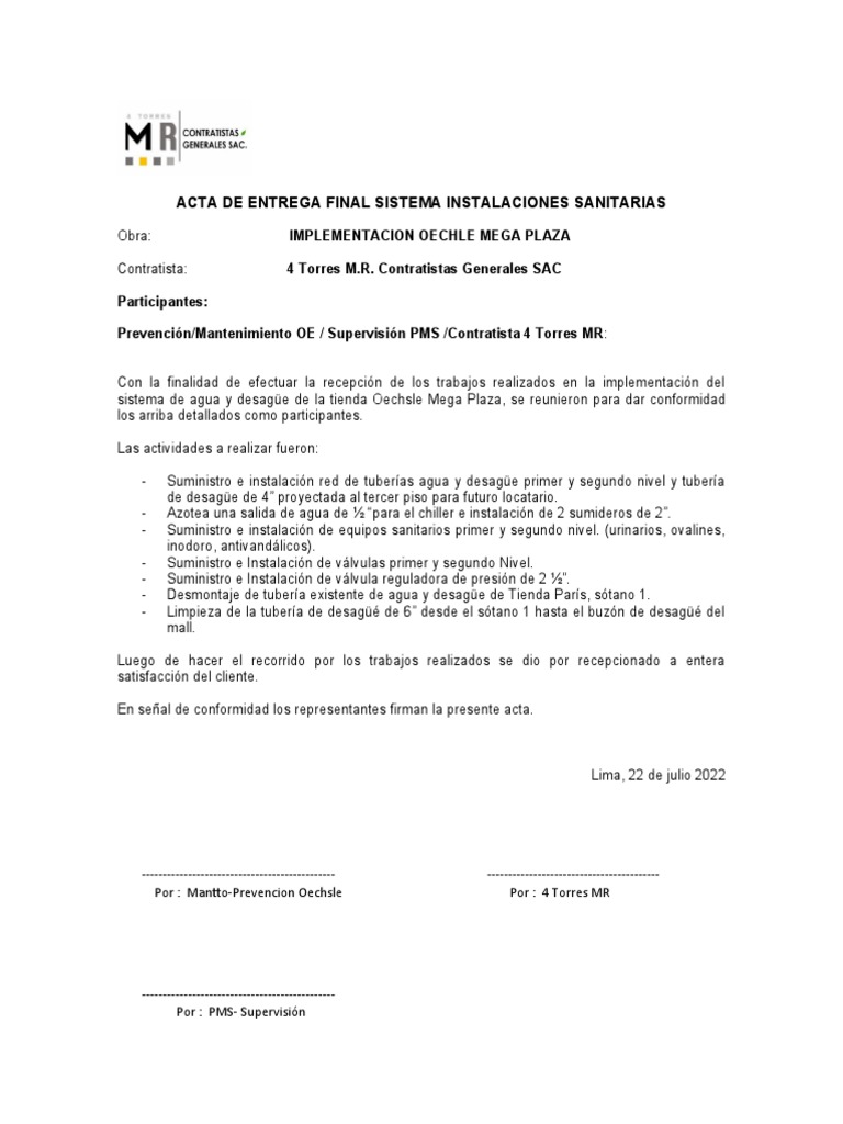 Acta de Entrega 4torres - IISS | PDF