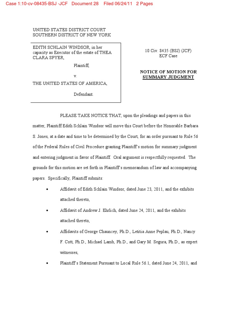 Summary Judgment Motion in Windsor Case | PDF