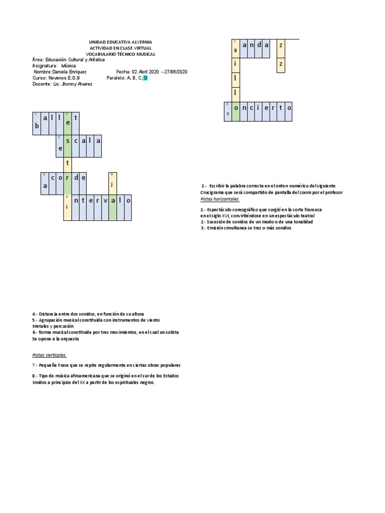 Crucigrama de Vocabulario Musical | PDF | Las artes escénicas