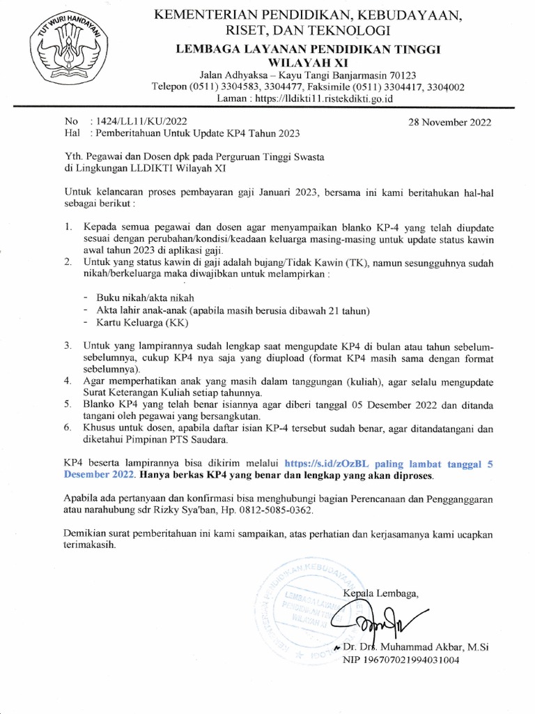 Surat Pemberitahuan Update KP4 Tahun 2023 | PDF