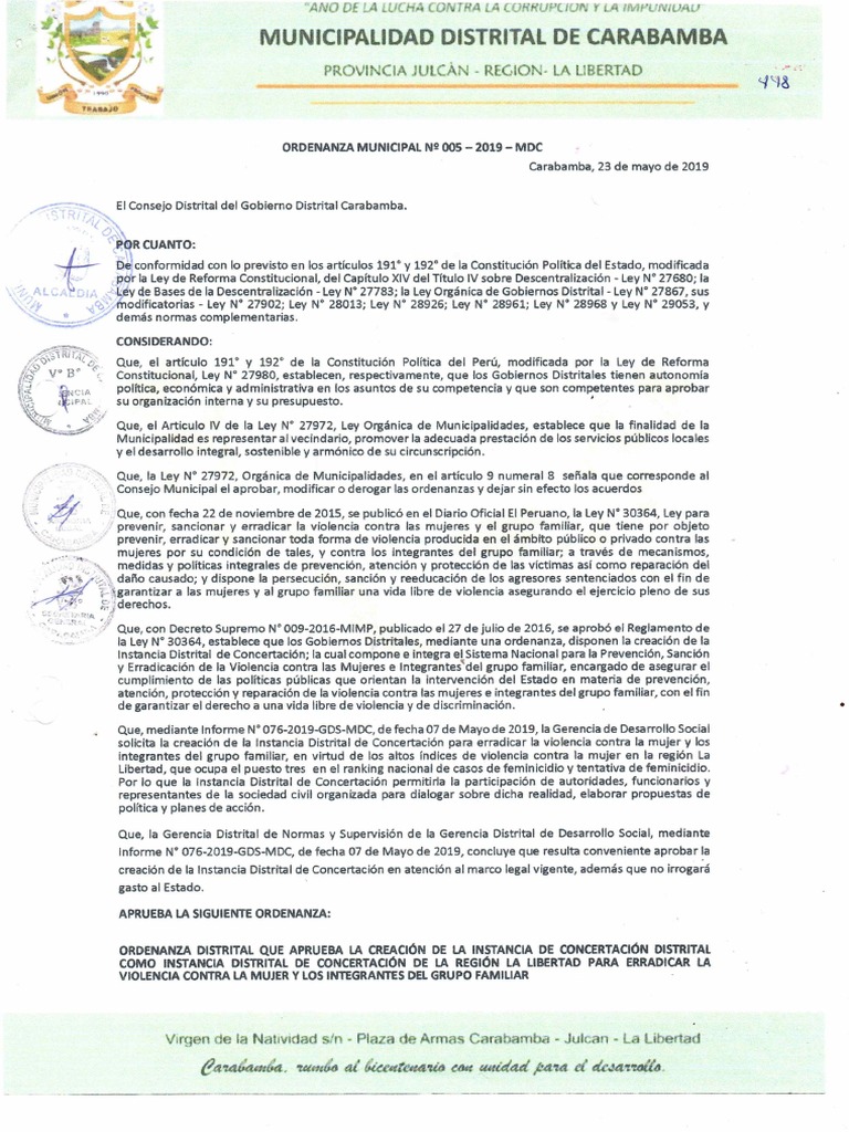 Ordenanza Municipal #005-2019-MDC PDF | PDF
