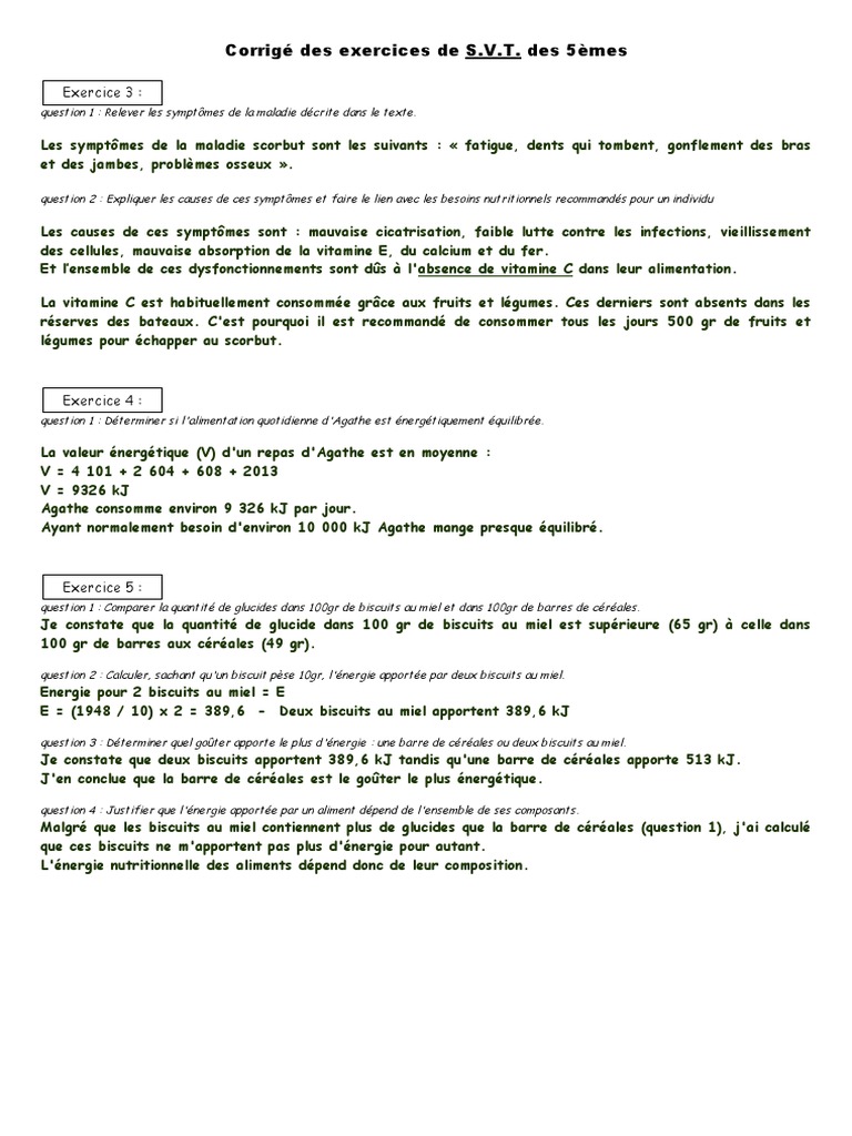 Corrigé SVT 5ème : Alimentation et Équilibre | PDF | Bien-être