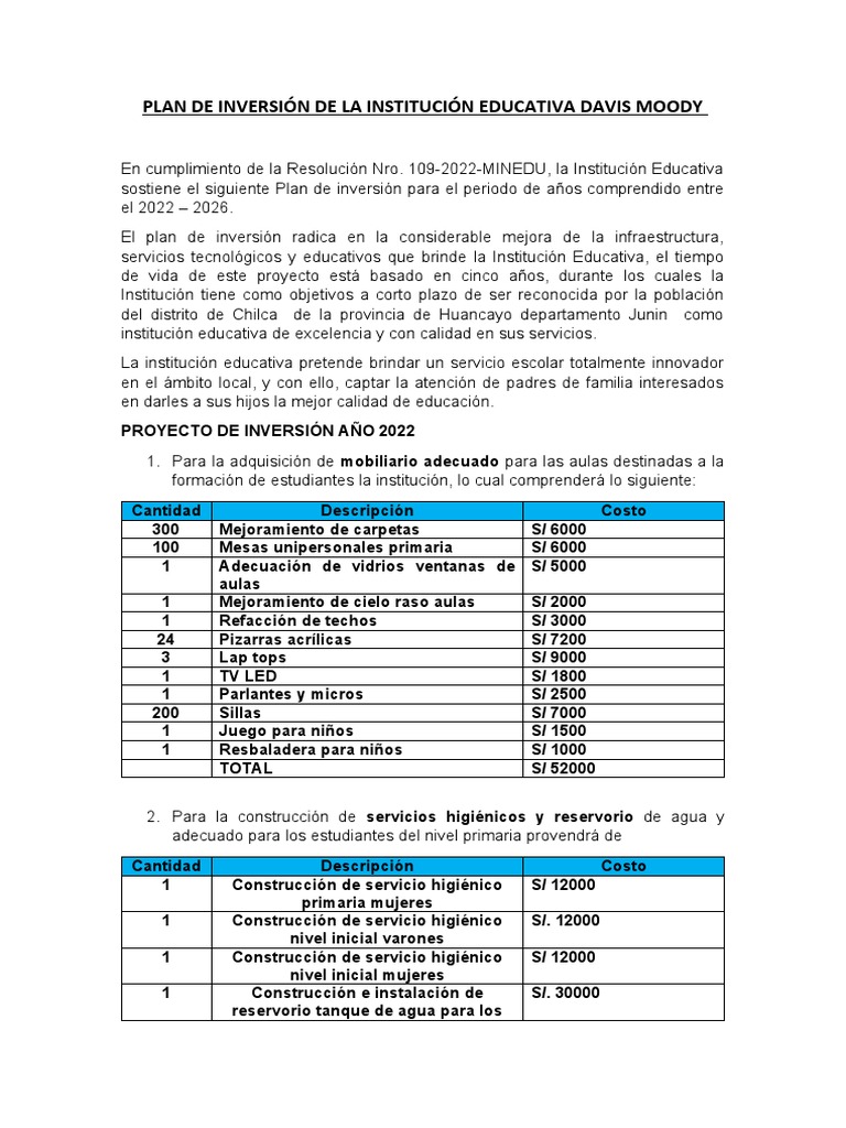 PLAN DE INVERSIÓN DE LA INSTITUCIÓN EDUCATIVA | PDF | Sectores ...