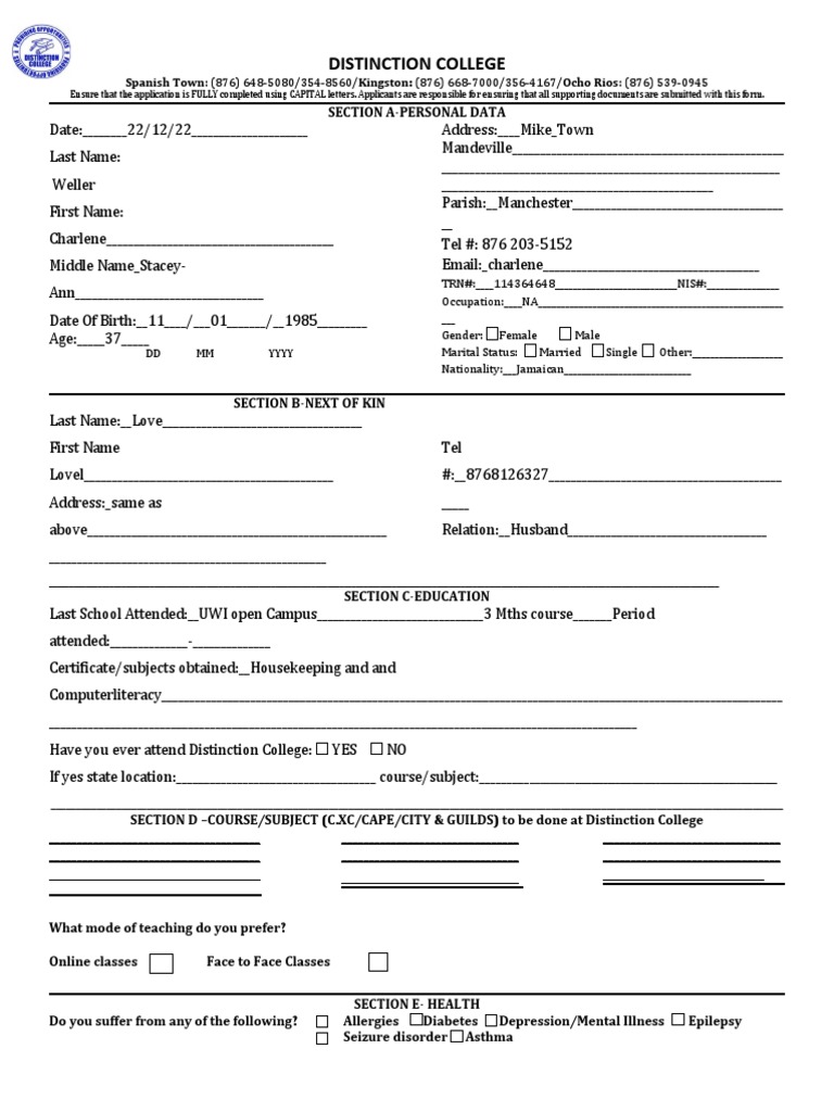 Distinction College Application Form | PDF | Clinical Medicine | Health ...